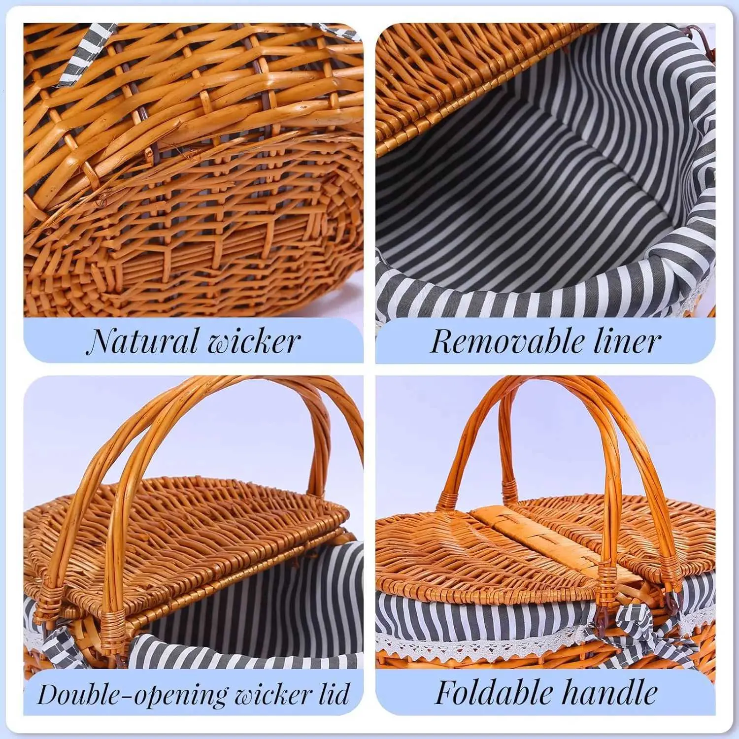 3-Person Wicker Picnic Basket Set with Lid Handle and Washable Lining ...