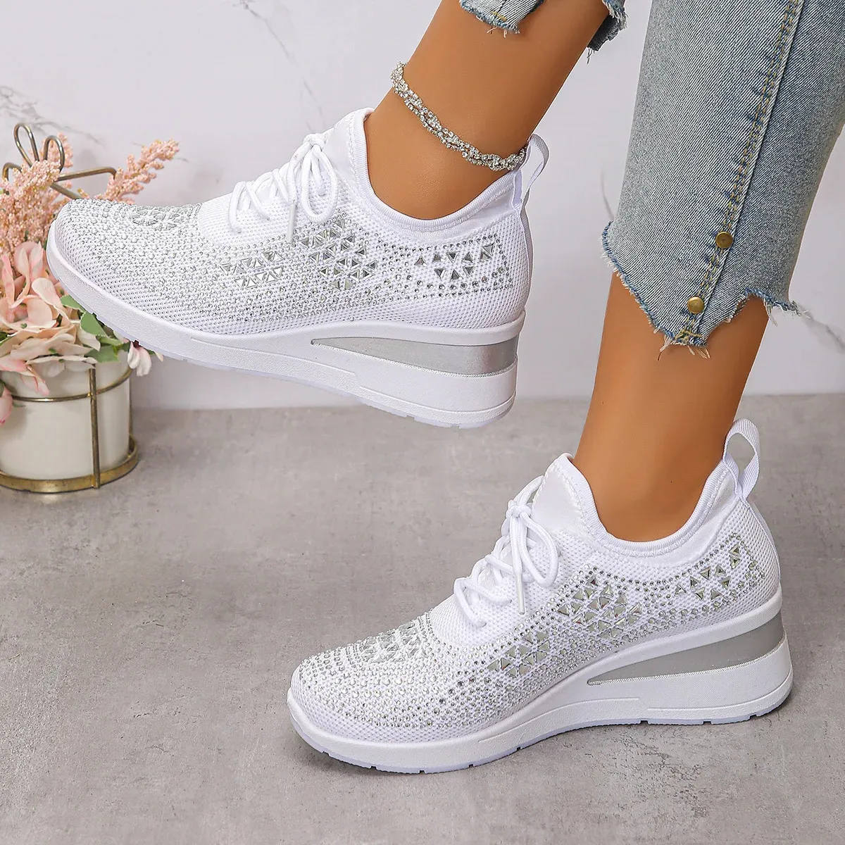 Womens Rhinestone Wedge Sneakers Breathable Knit Non Slip Walking Shoes ...