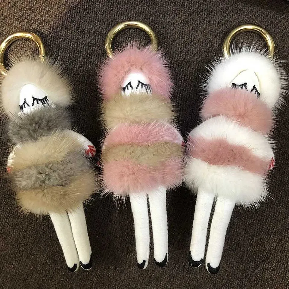 Real Mink Fur Plush Lady Doll Keychain Bag Charm with O-Shaped Buckle ...