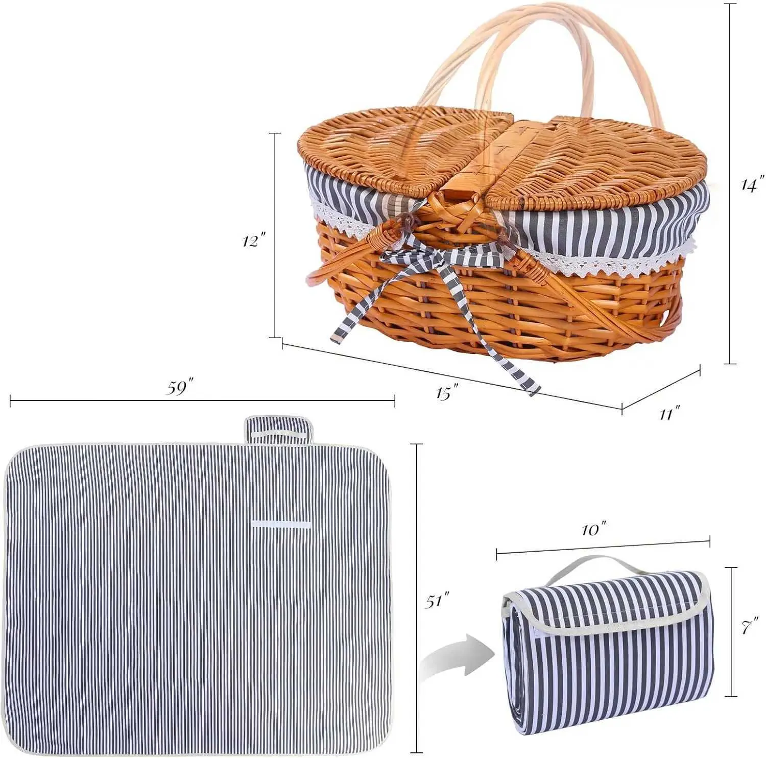 3-Person Wicker Picnic Basket Set with Lid Handle and Washable Lining ...