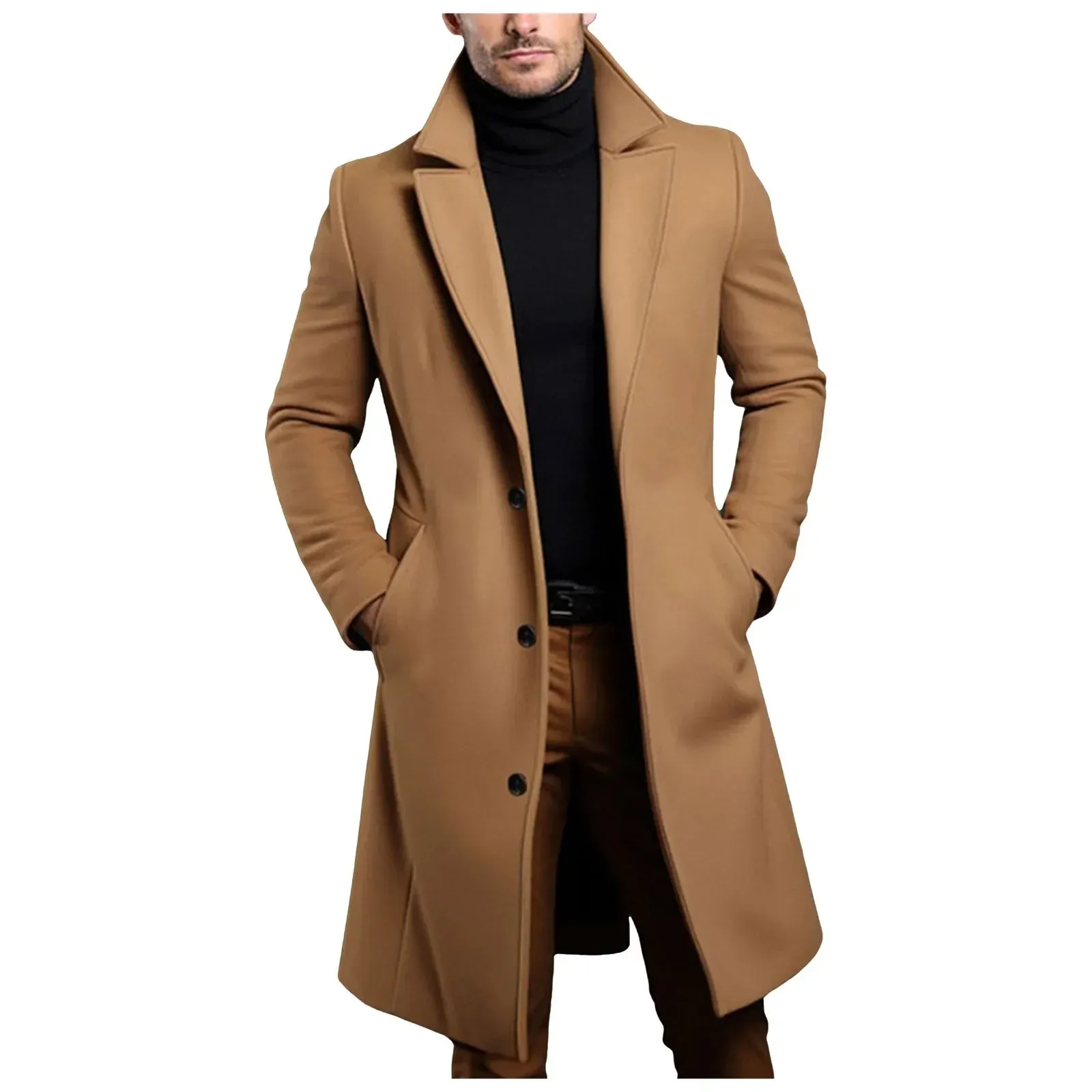 Black Men's Long Sleeve Single-Breasted Wool Trench Coat for Fall and ...