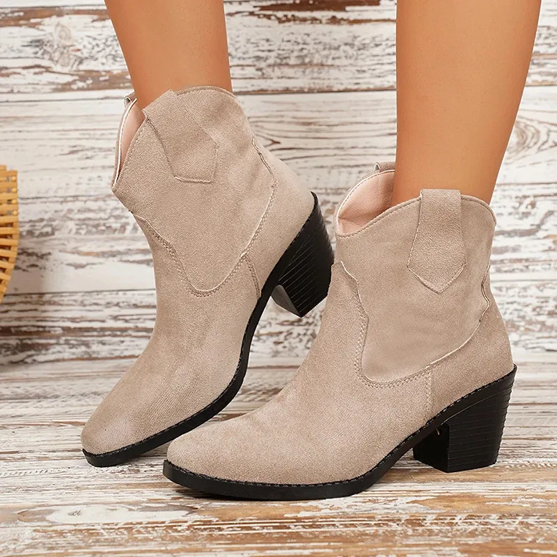 Vintage Womens Western Boots PU Faux Suede Wedge Heel Slip-On Ankle ...