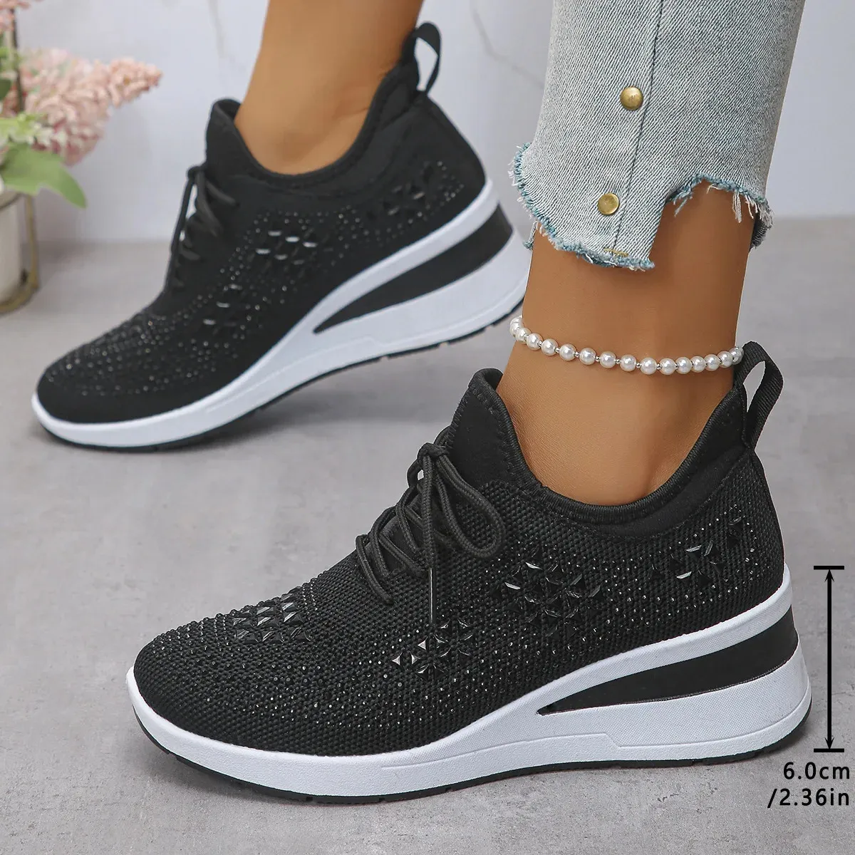 Womens Rhinestone Wedge Sneakers Breathable Knit Non Slip Walking Shoes ...