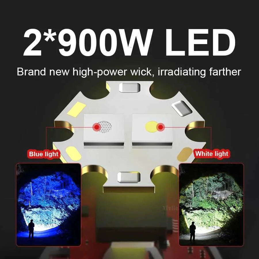 90000000LUX 900W 2LED Rechargeable LED Headlamp with Strobe Mode for ...