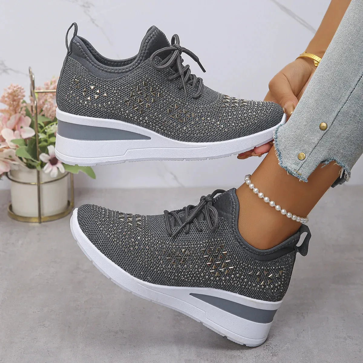 Womens Rhinestone Wedge Sneakers Breathable Knit Non Slip Walking Shoes ...