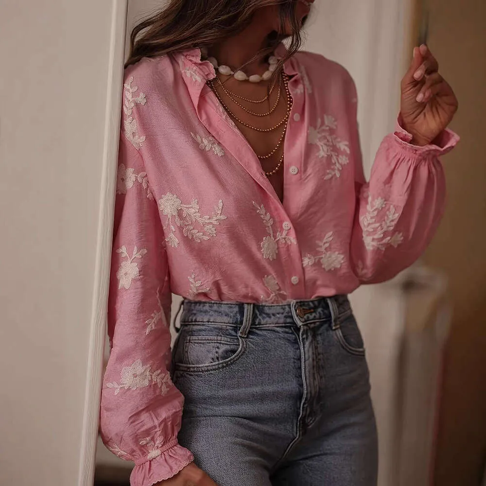 Autumn Long-Sleeve Printed Top for Women with Turn-Down Collar and ...