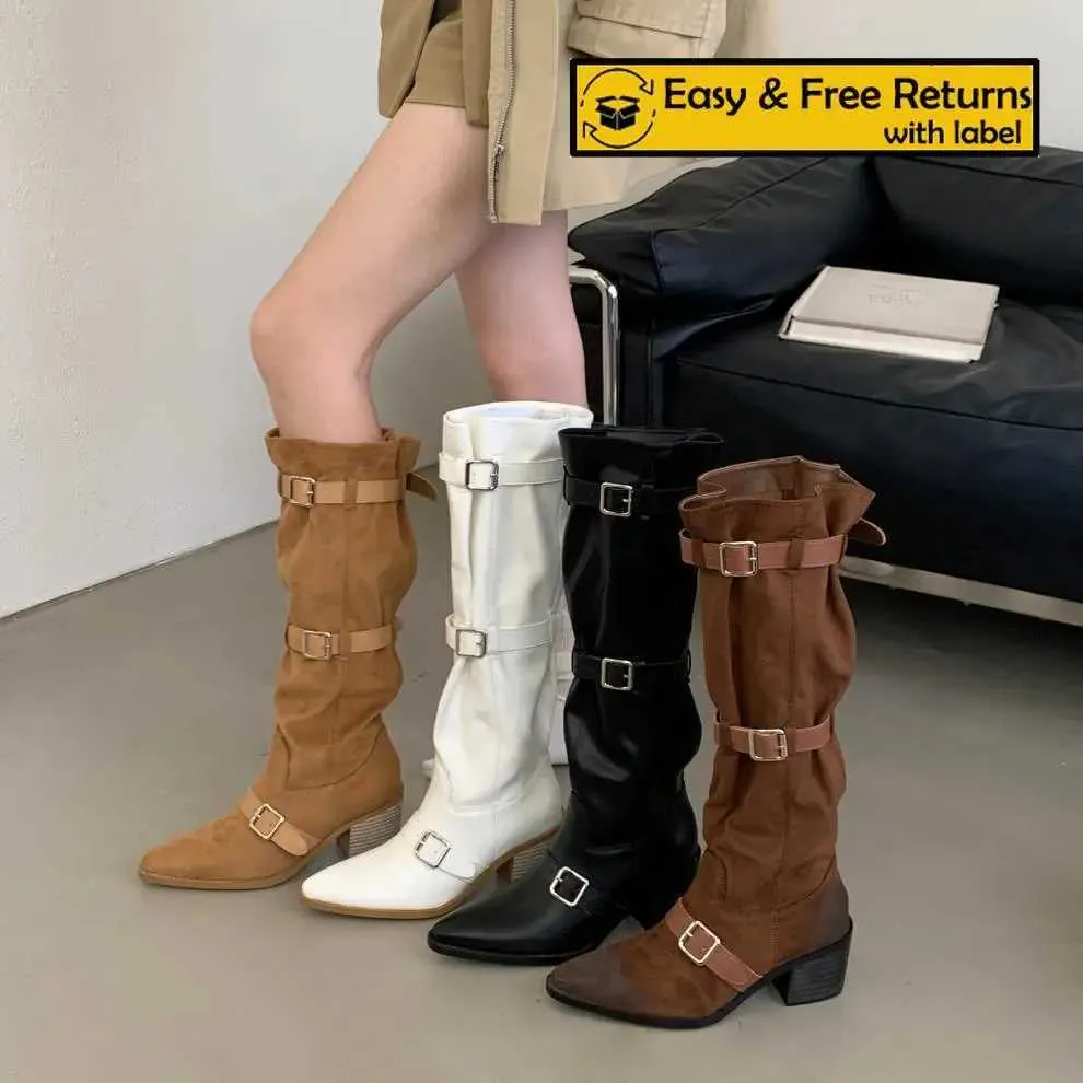 RYAMAG Retro Mid Calf Cowboy Boots for Women Chunky Pony Heels Knee ...