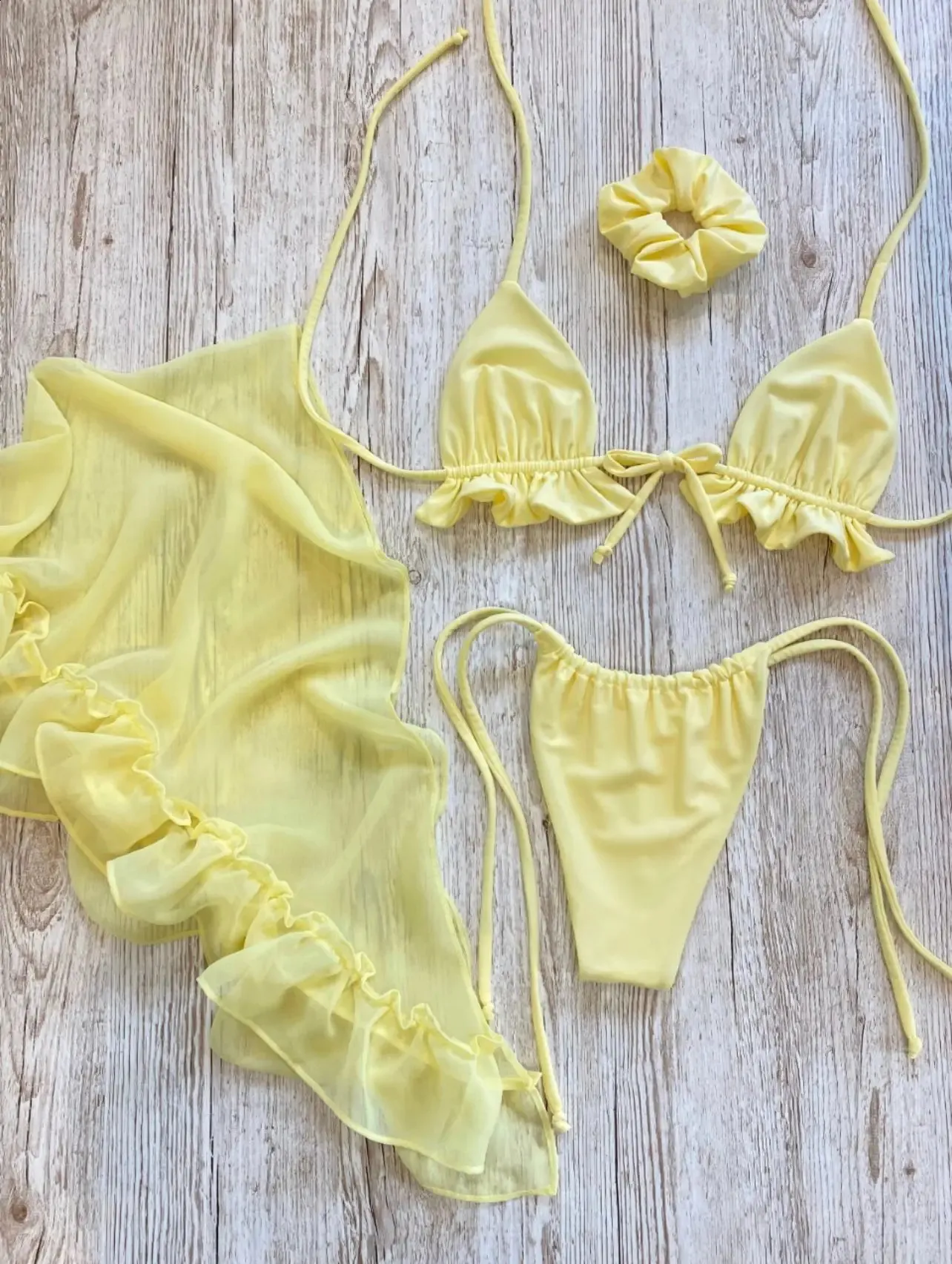 Yellow Mesh Ruffle Bottom Bikini Set Lady Swimsuit With Push Up Feature ...