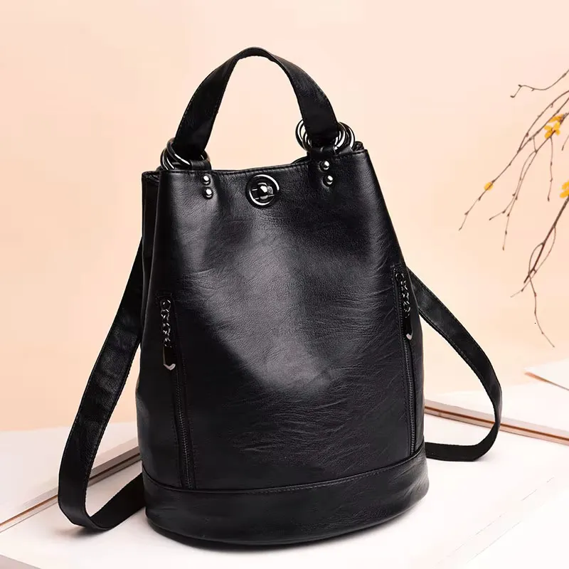 Leather Medium Barrel-Shaped Women's Backpack with Zipper Closure and ...