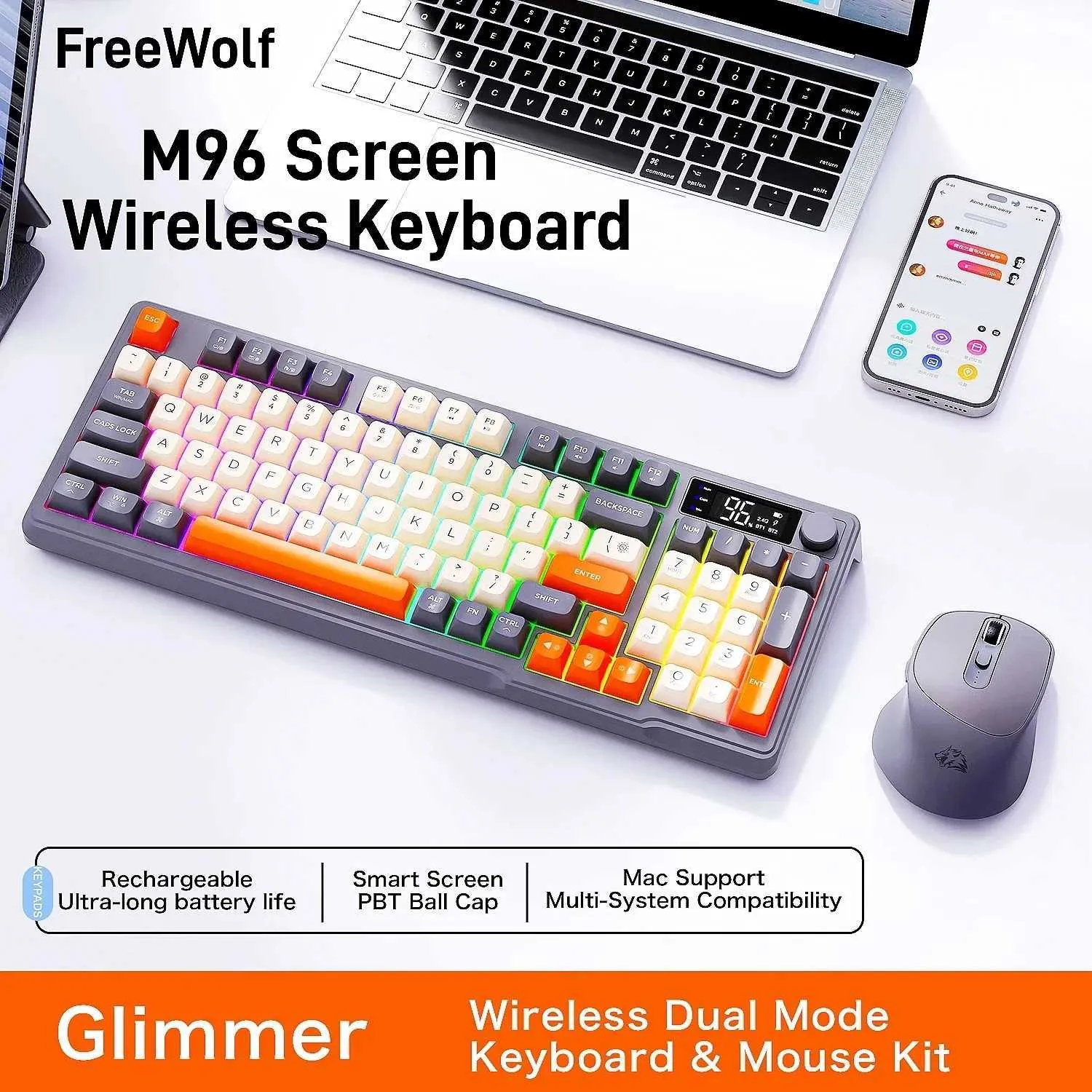 Free Wolf M96 Screen Wireless Keyboard Mouse Kit With Media Knob ...
