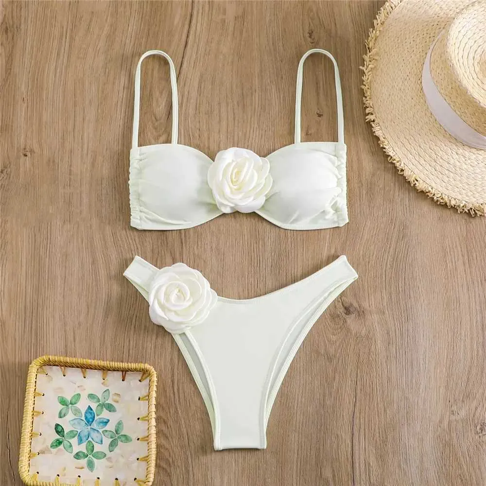 Flower Bikini Set: Sexy Bandeau Swimwear With Thong Bottom, Lace Up ...