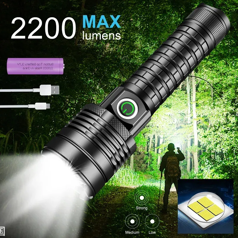 Rechargeable Flashlight 2200 Lumens, Waterproof IPX65, 3 Modes, Camping ...