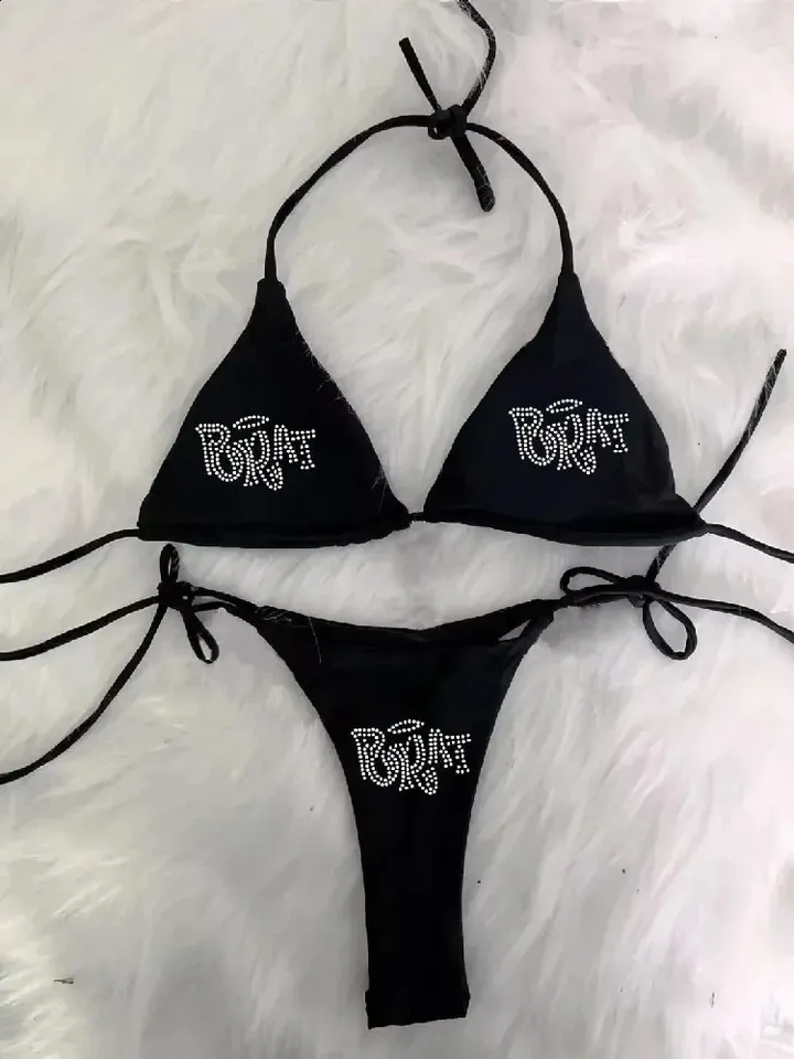 2000s Gothic Style Punk Beach Thong Swimwear For Women With BRAT Print ...