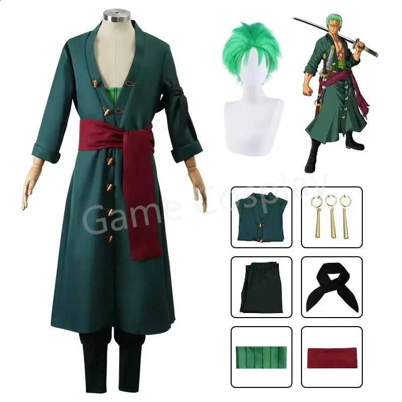Roronoa Zoro Anime Cosplay Outfits With Green Coat, Pants, Head Scarf ...