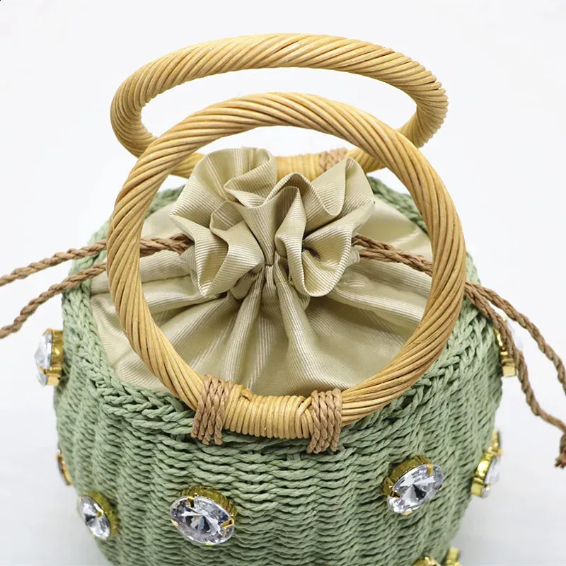 Handmade Rhinestone Crystal Embellished Straw Bucket Bag, Lady's Travel ...