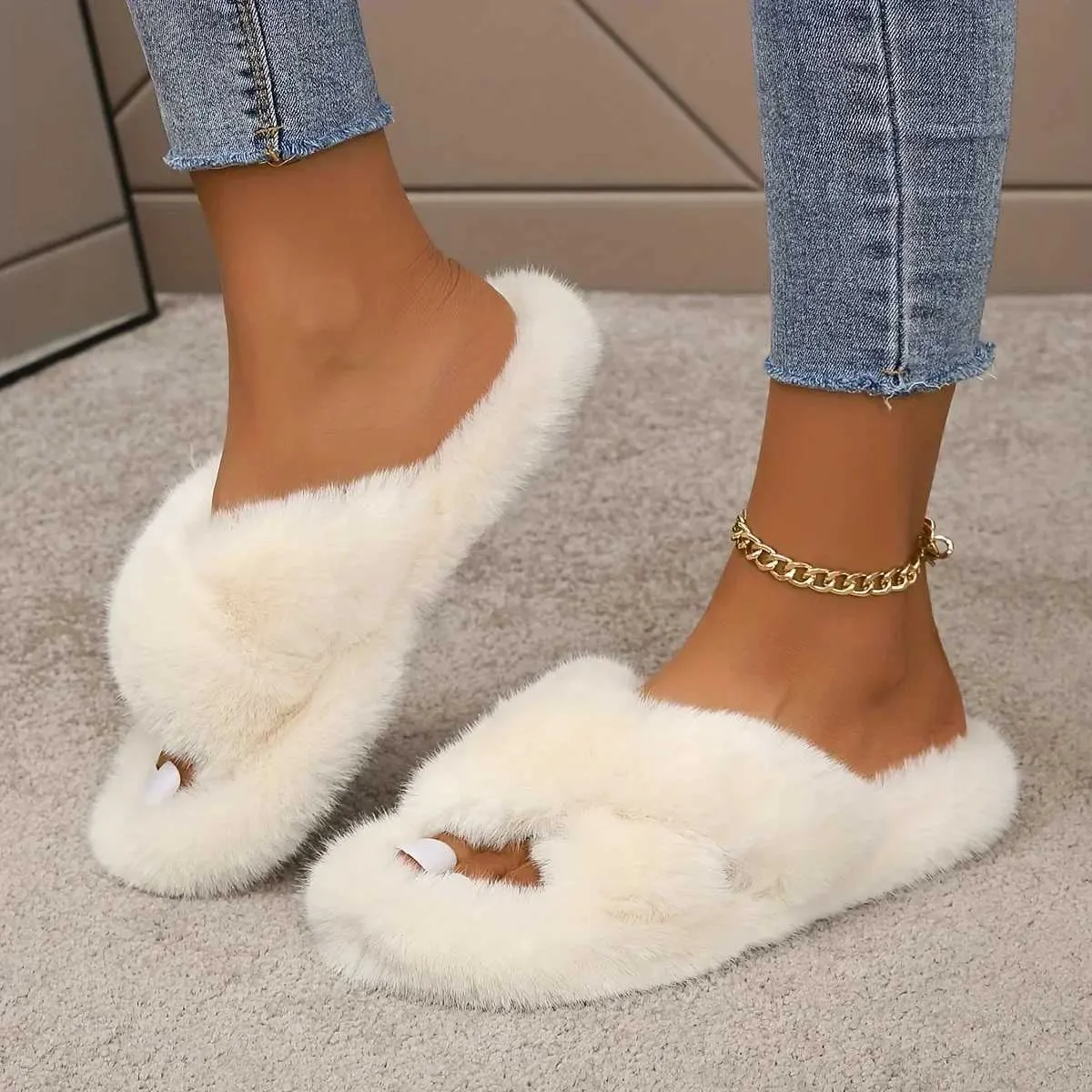 Fuzzy Platform Slippers Women's Fluffy Cross Band Open Toe Plush House Shoes, Cozy & Warm Indoor ...