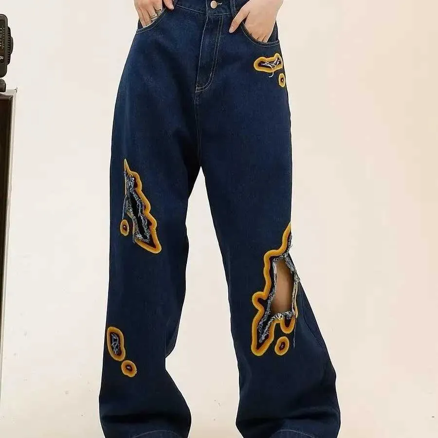 Retro Wide Leg Pants Women's Flame Design Ripped Jeans, High Waist ...