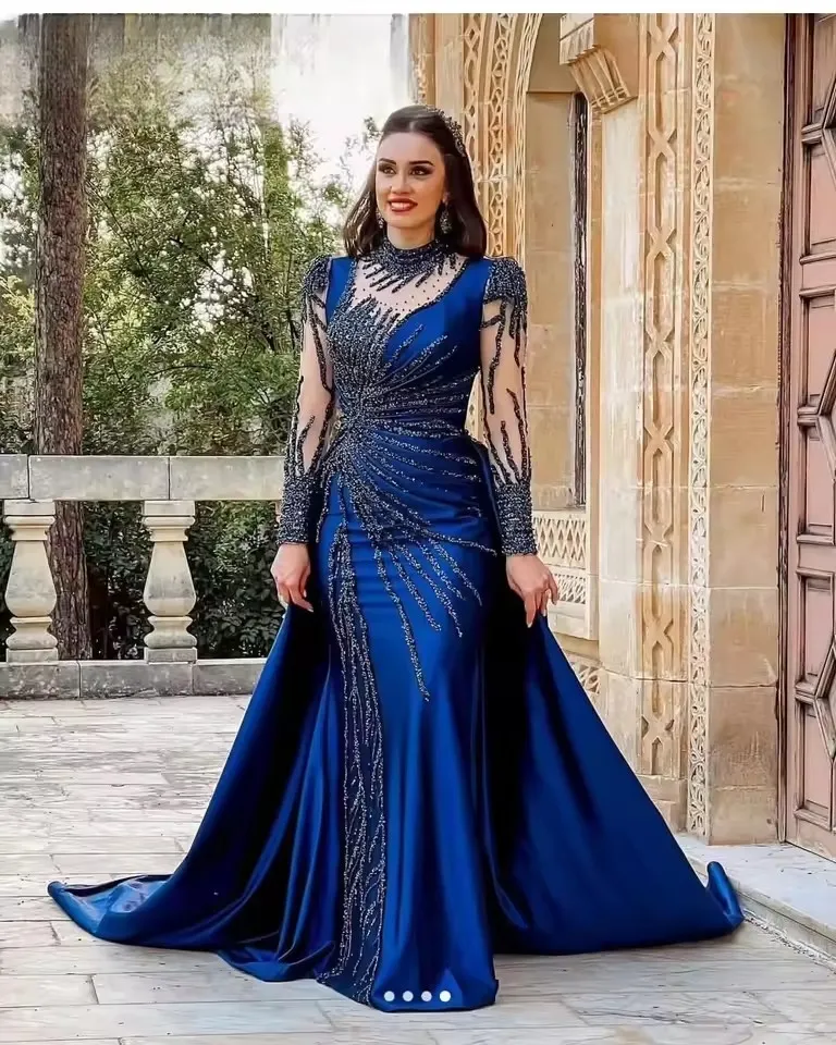Navy Blue Mermaid Sapphire Blue Prom Dress With Sequined Lace And Satin