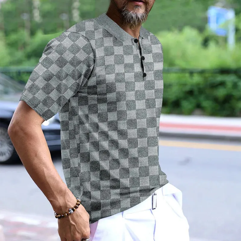 Men's Short Sleeve Casual Fashion Lapel Polo Shirt Small Checked T ...