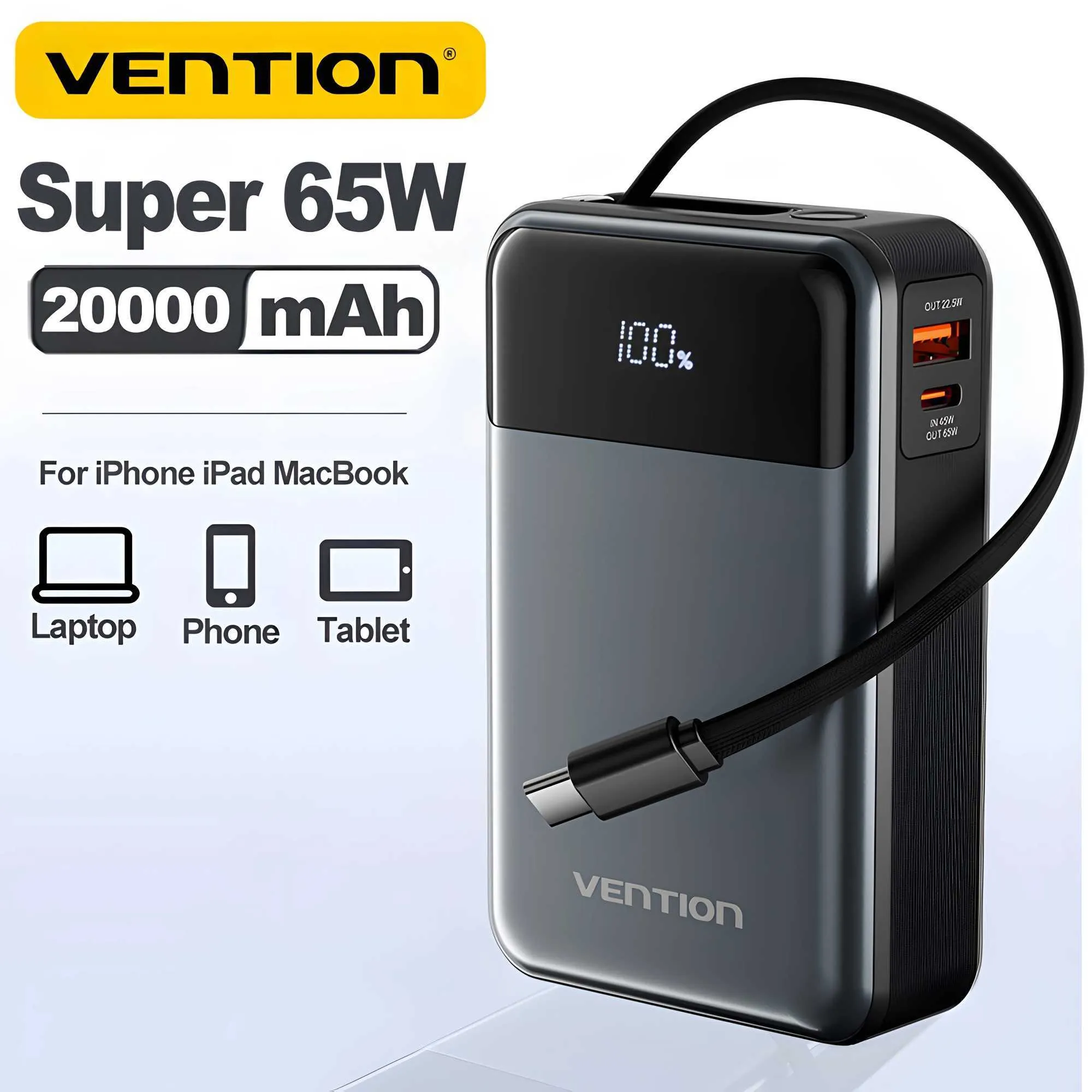 65W 20000mAh USB A C Veger Power Bank 25000mah With Type C Cable And ...