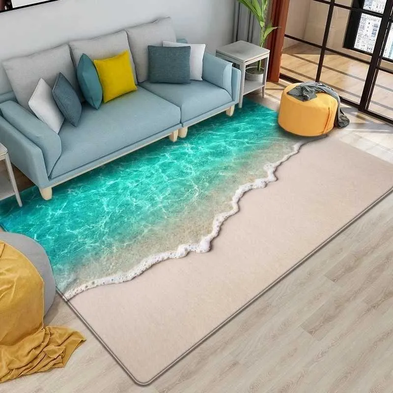 Modern 3D Printed Beach Waves Beige Carpet Living Room For Living Room ...
