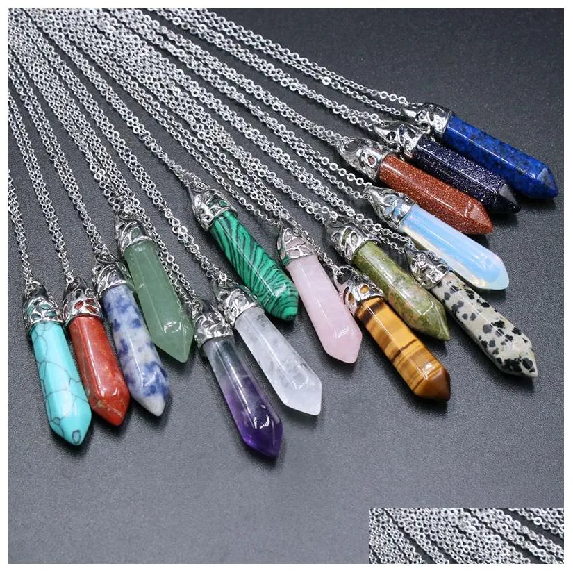 Natural Stone Hexagonal Pyramid Healing Crystal Necklace With Amethyst ...