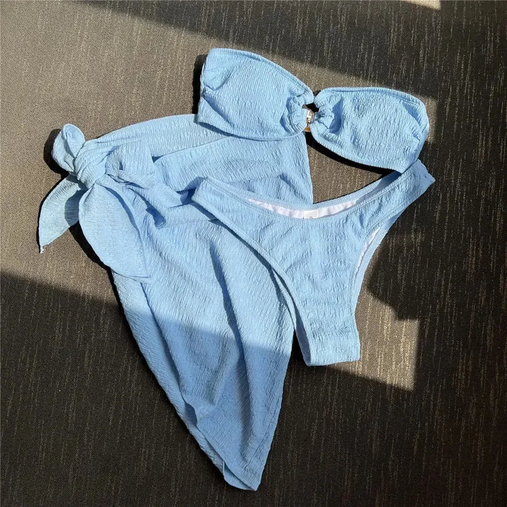 High Cut Light Blue Bandeau Towelling Bikini Set With Cover Up Texture ...
