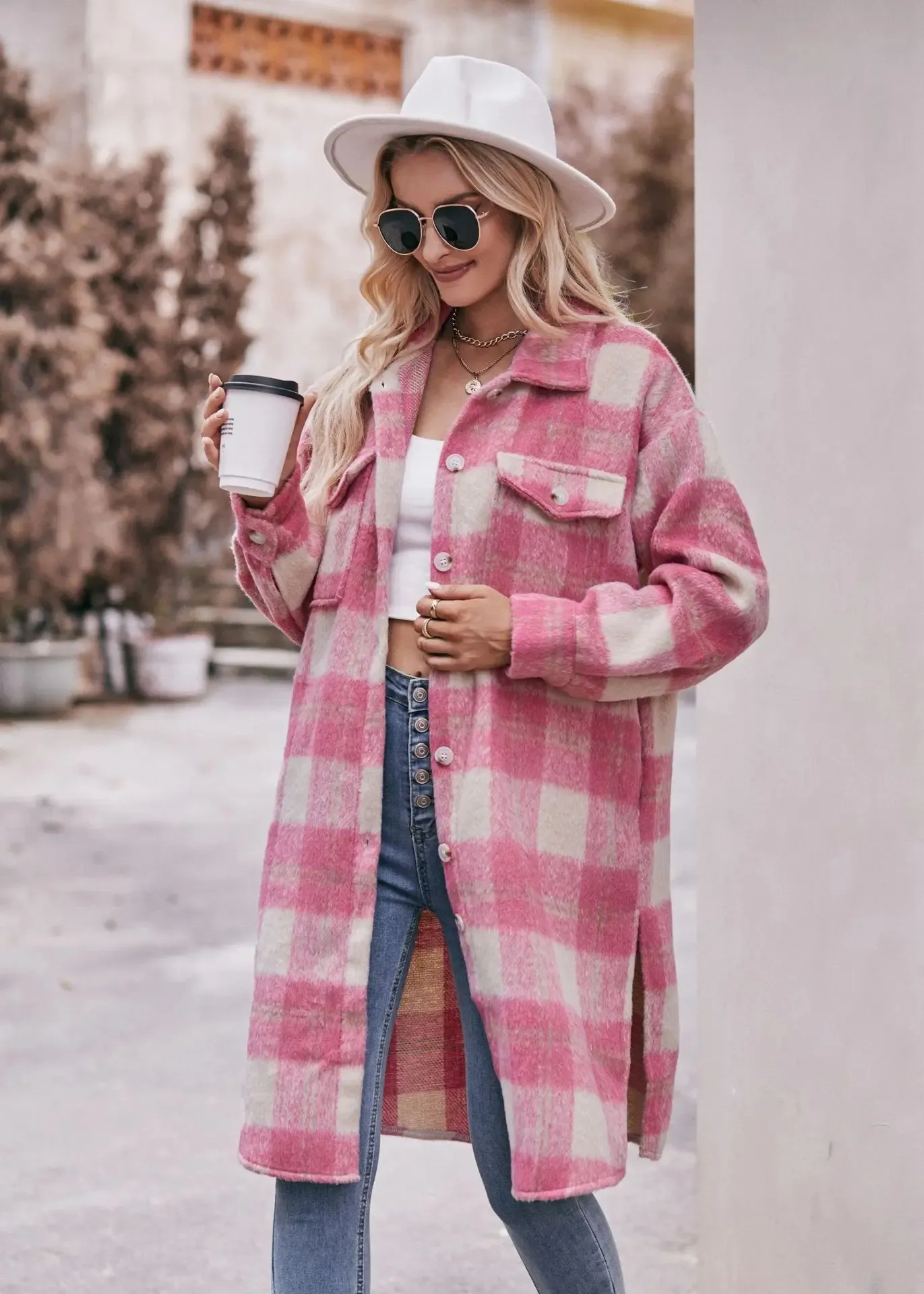 Elegant Plaid Tweed Trench Coat: Women's Long Wool Coats, Warm Winter ...