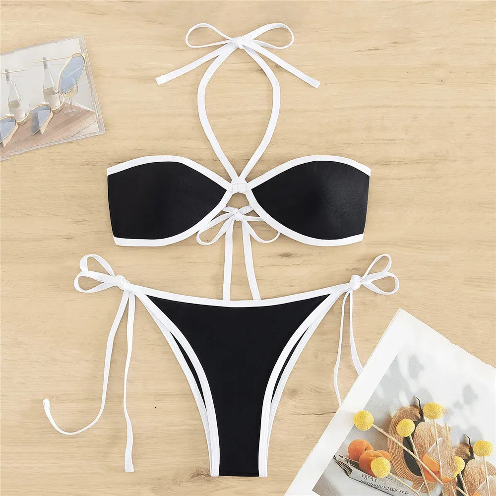 Black Halter String Micro Thong Bikini Contrast Edge Swimwear Sexy ...