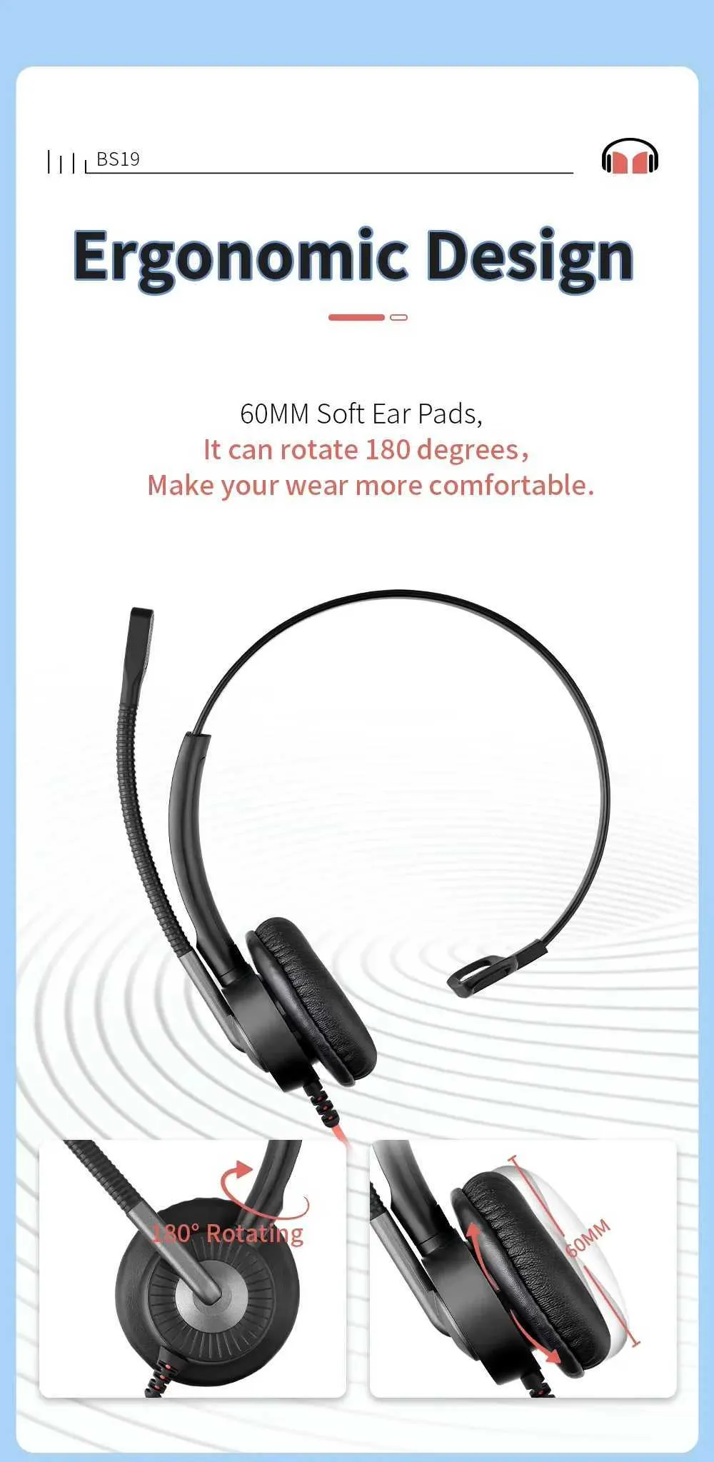 Noise Cancelling Wired Headphones - BSHeadset with Mic, Voice Control ...