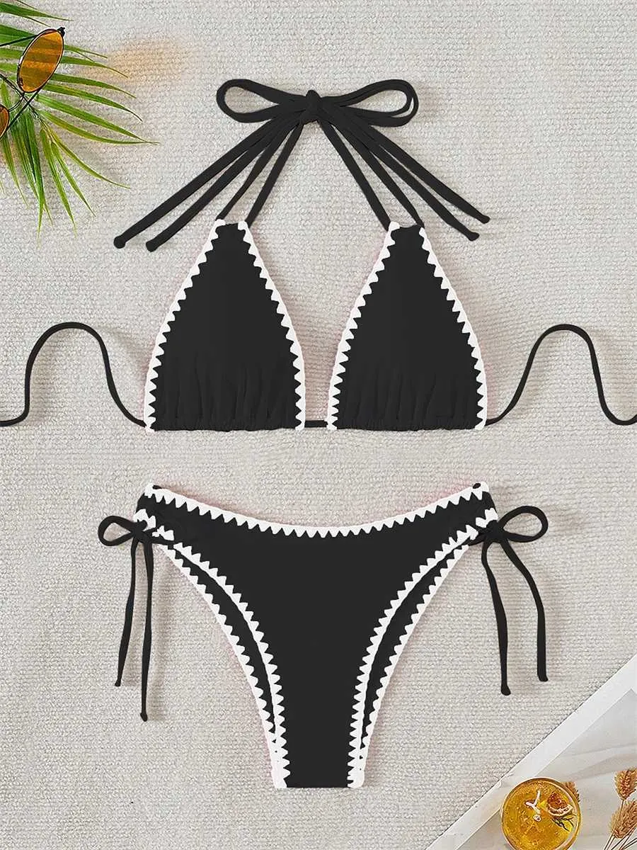 2025 Women's Sexy Black And White Contarst Zaful Color Block Bikini ...