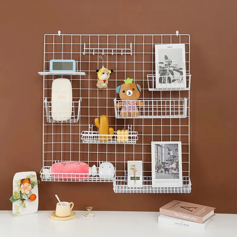 Wall Mounted Wire Grid Hanging Shelf Organizer With Removable Baskets ...