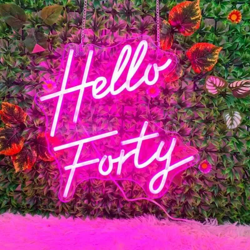Hello Forty LED Neon Sign Custom 40th Birthday Light Party Backdrop ...