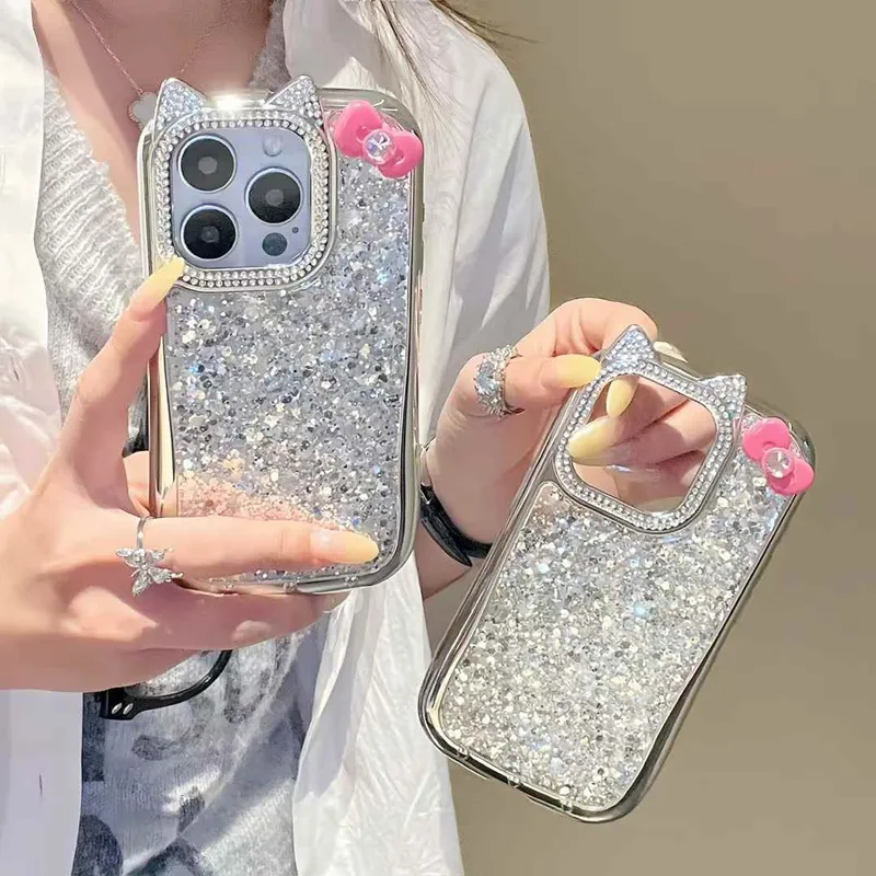 Luxury 3D Cat Ear Bowknot Sequins TPU phone case customised for iPhone ...