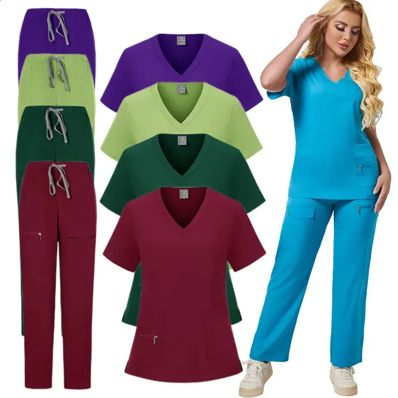 Hospital Uniform Doctor Nursing Set: Unisex V Neck Short Sleeve Top And ...