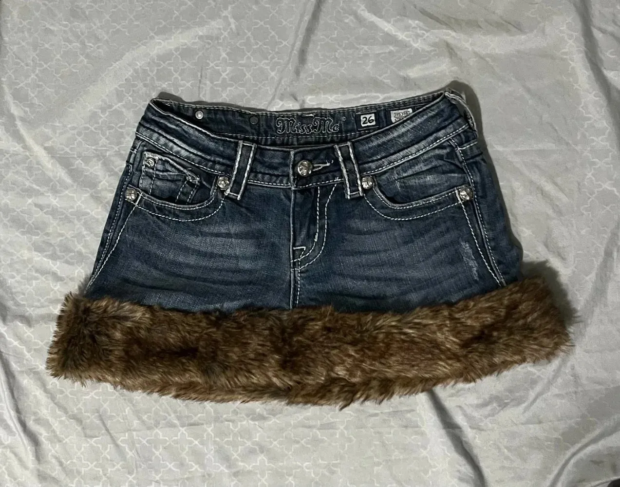 Y2K Denim Mini Skirt Raw Edge Acrylic A-Line Above Knee Light Blue 24 ...