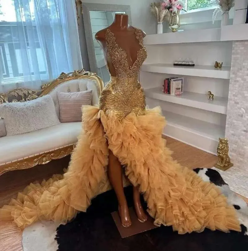 Rhie Gold Long Mermaid Prom Dresses Beaded Ruffles... From Babynice666 ...