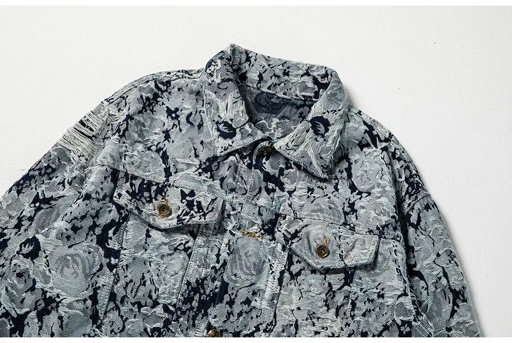 Men's Ripped Distressed Denim Jacket with Flower Jacquard Weave ...