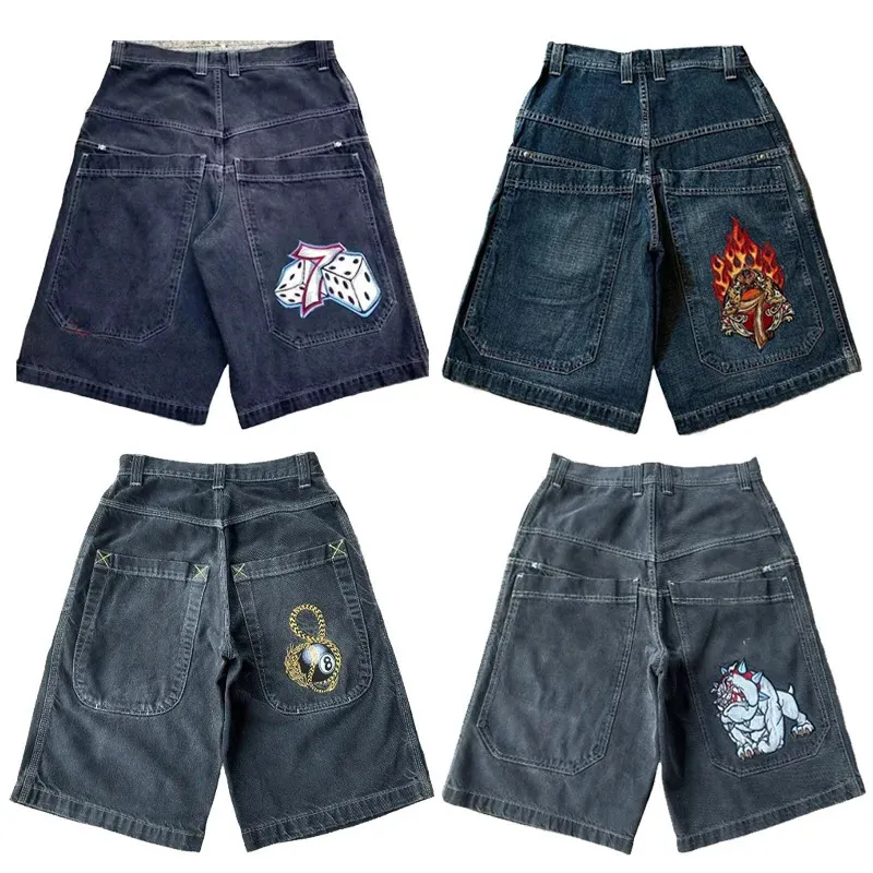 Y2K Baggy Denim Shorts with Gothic American Streetwear Pocket Printing ...
