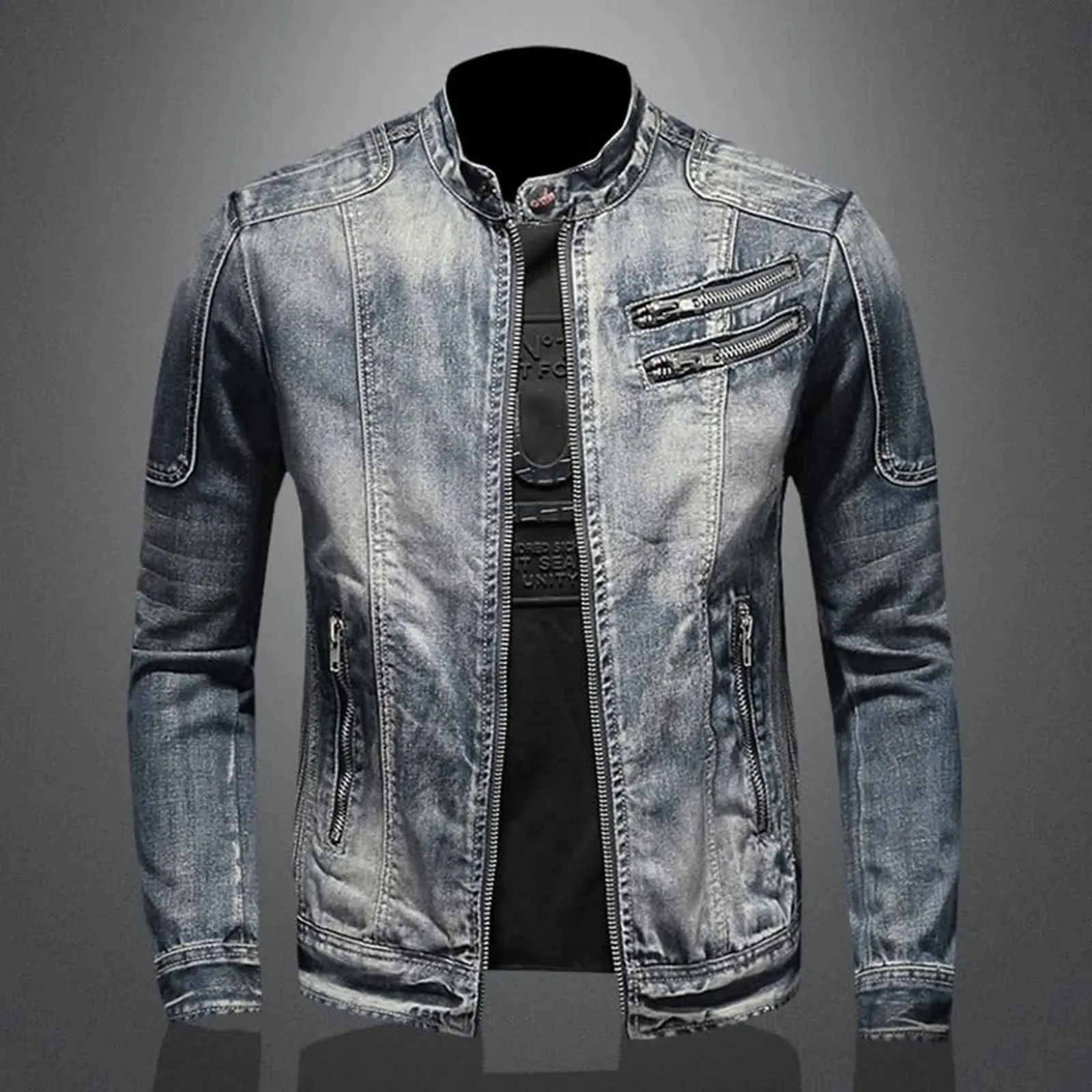 Men's Vintage Denim leather jacket with Zip Stand Up - Slim Fit Cotton ...