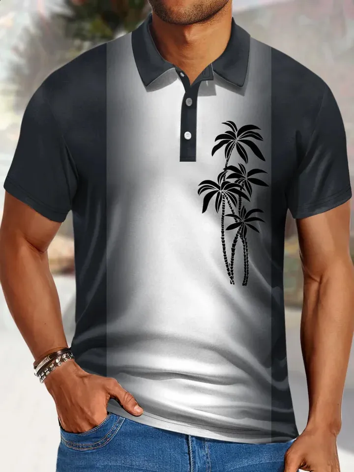 Summer Men's Mens Printed Polo Shirts Stripe/Coconut Tree Print, Casual ...