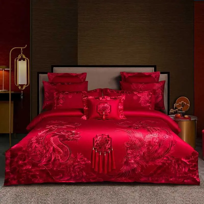 XJ250220 Luxury Egyptian Cotton Bedding Set Gold Red Loong Phoenix ...