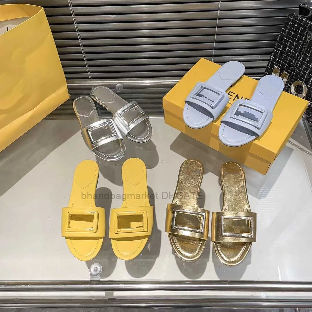 Embroidered Letter Full Leather Catwalk Slippers For Women Flat Bottom ...