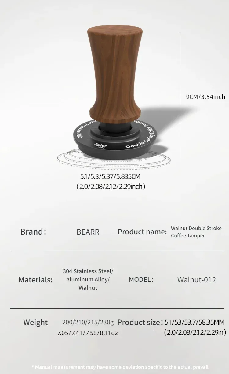 Bearr Coffee Tamper, Double Spring, Walnut Handle, Constant Pressure ...