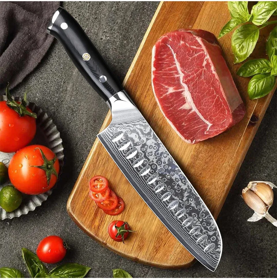 TURWHO 7-Inch Japanese Style Santoku Knife: Damascus Steel Professional ...