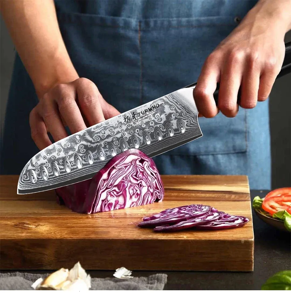 TURWHO 7-Inch Japanese Style Santoku Knife: Damascus Steel Professional ...