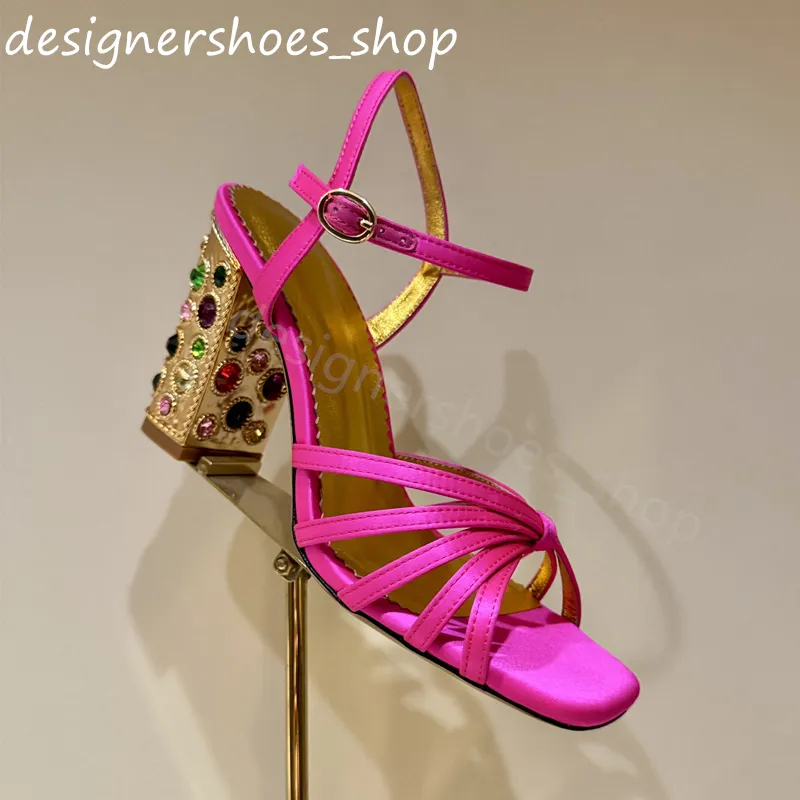 Trendy Metallic Feel Crystal Inlay Heel Sandals Golden Leather Heels ...