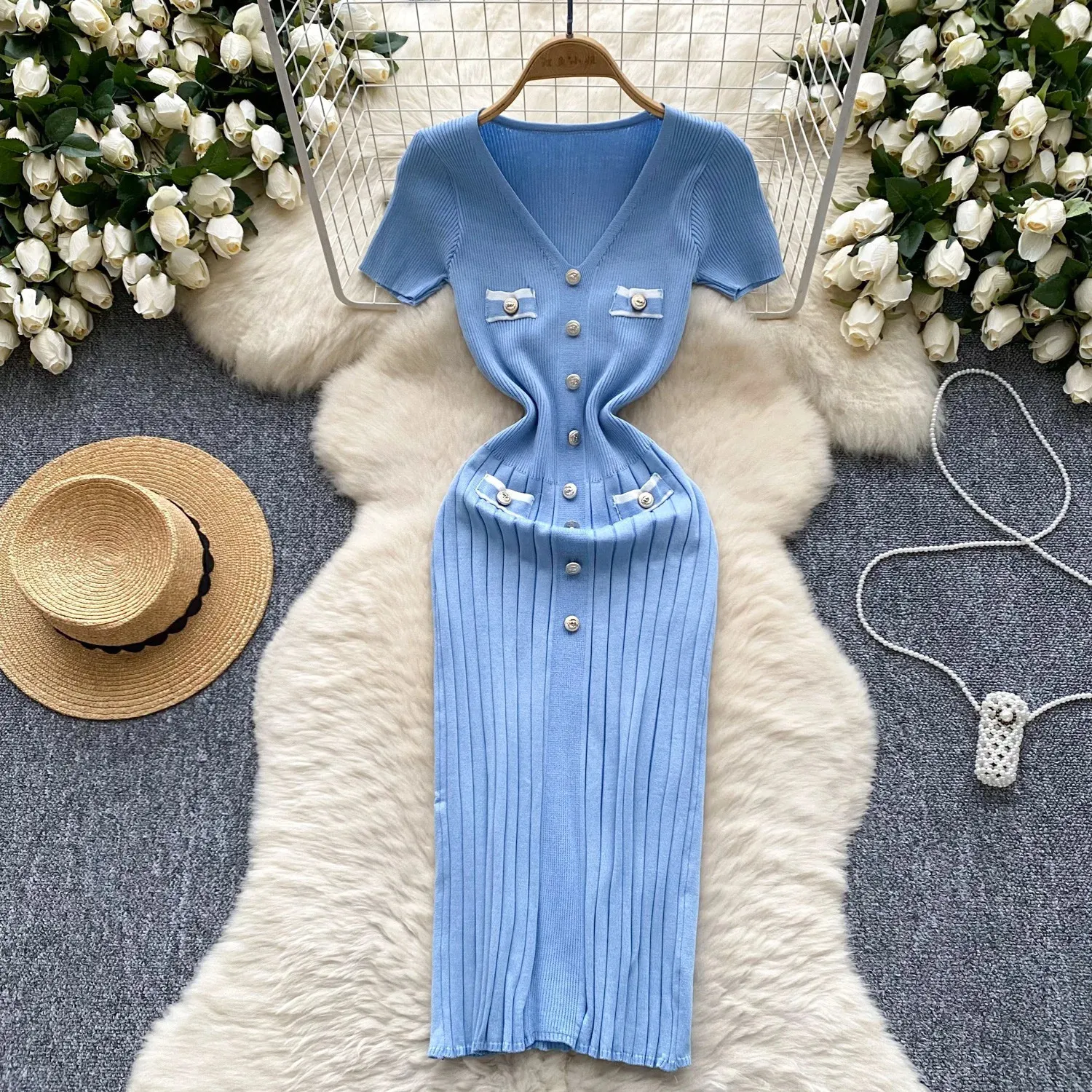 Chic And Sexy Women's Knitted Bodycon Blue Bodycon Dress With Wrap Hips ...