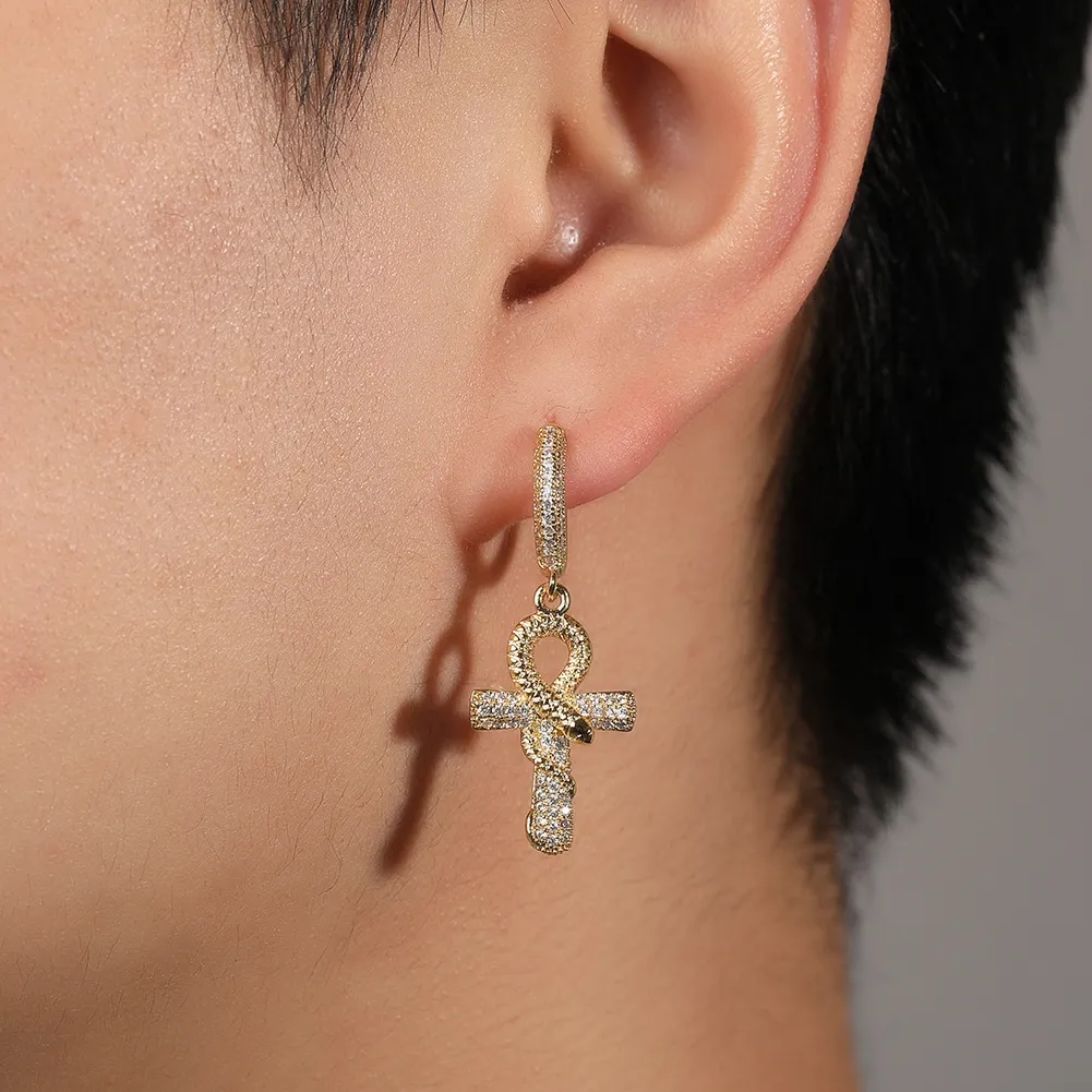 Ankh Snake Drop Iced Out Diamond Hoop Ankh Earrings Hip Hop Style In Gold, Silver, And Rosegold ...