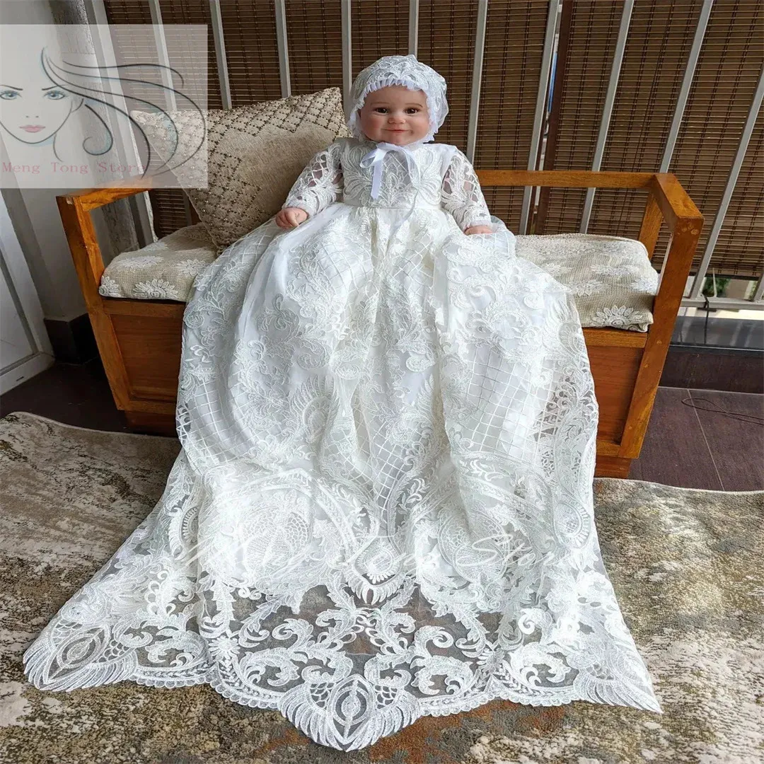Elegant Lace Long Lace Christening Gowns For Baby Long Sleeve First ...